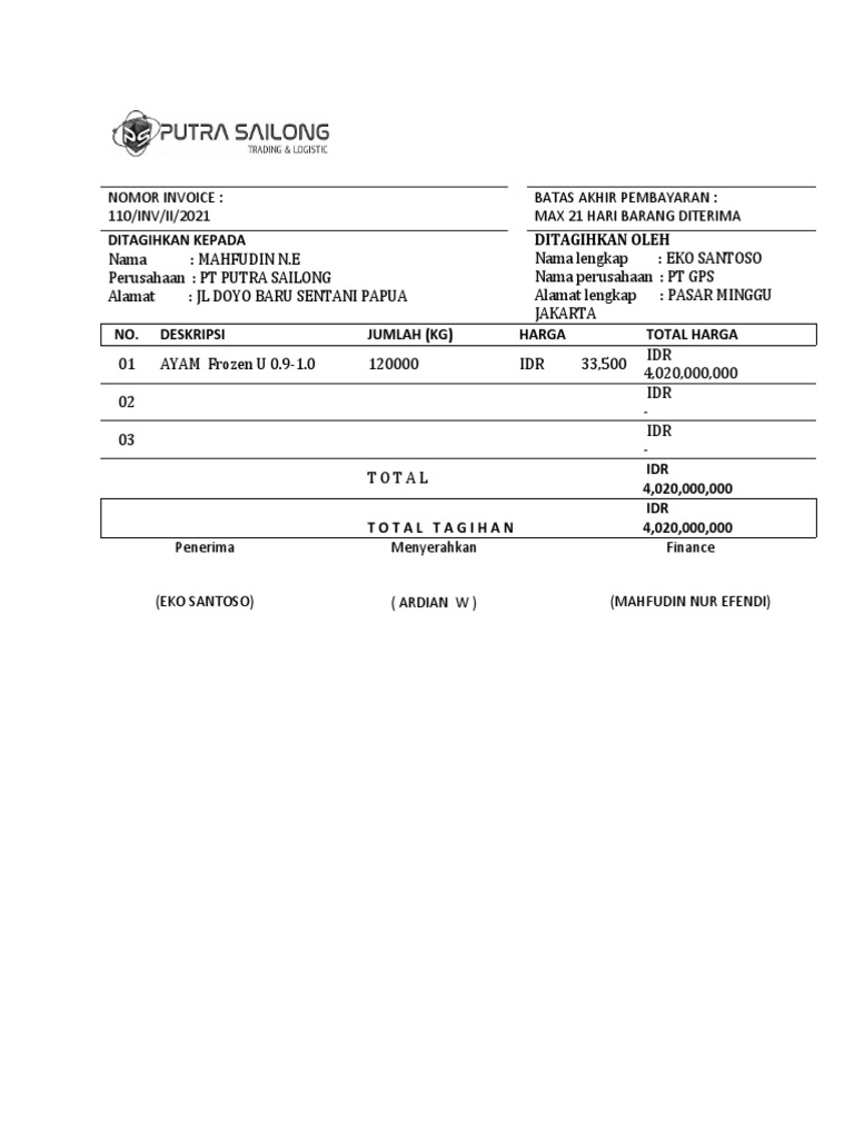 Invoice Pembayaran PT GPS ke PT Putra Sailong | PDF