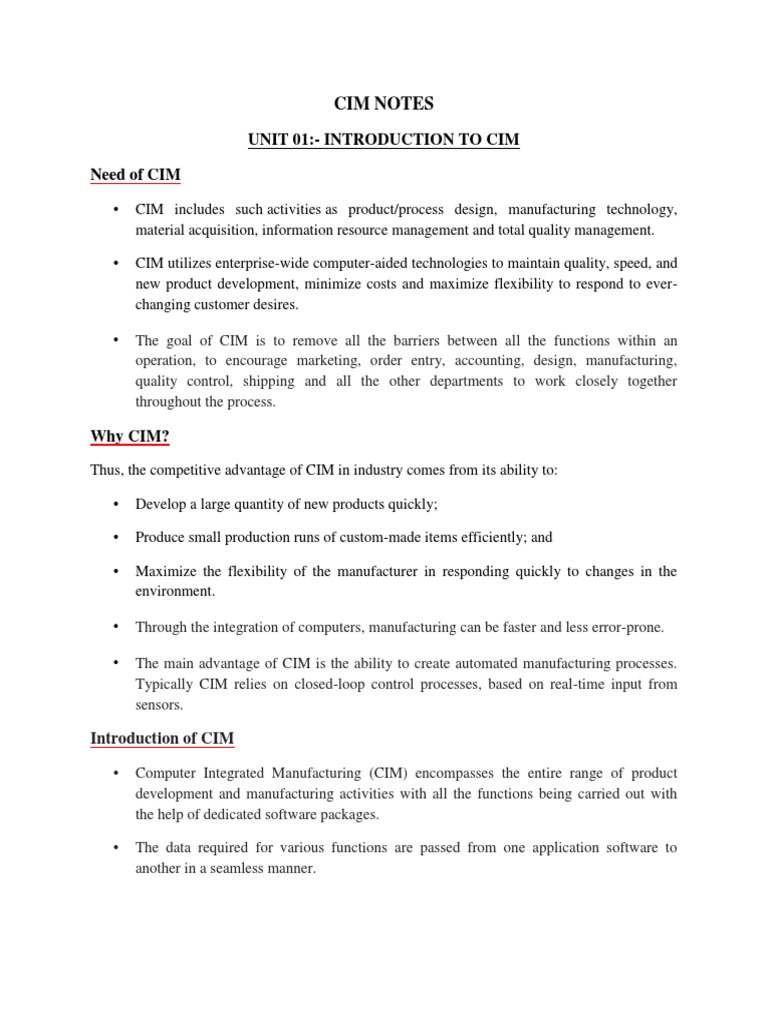 Cim Notes Unit 01 | PDF | Automation | Product (Business)
