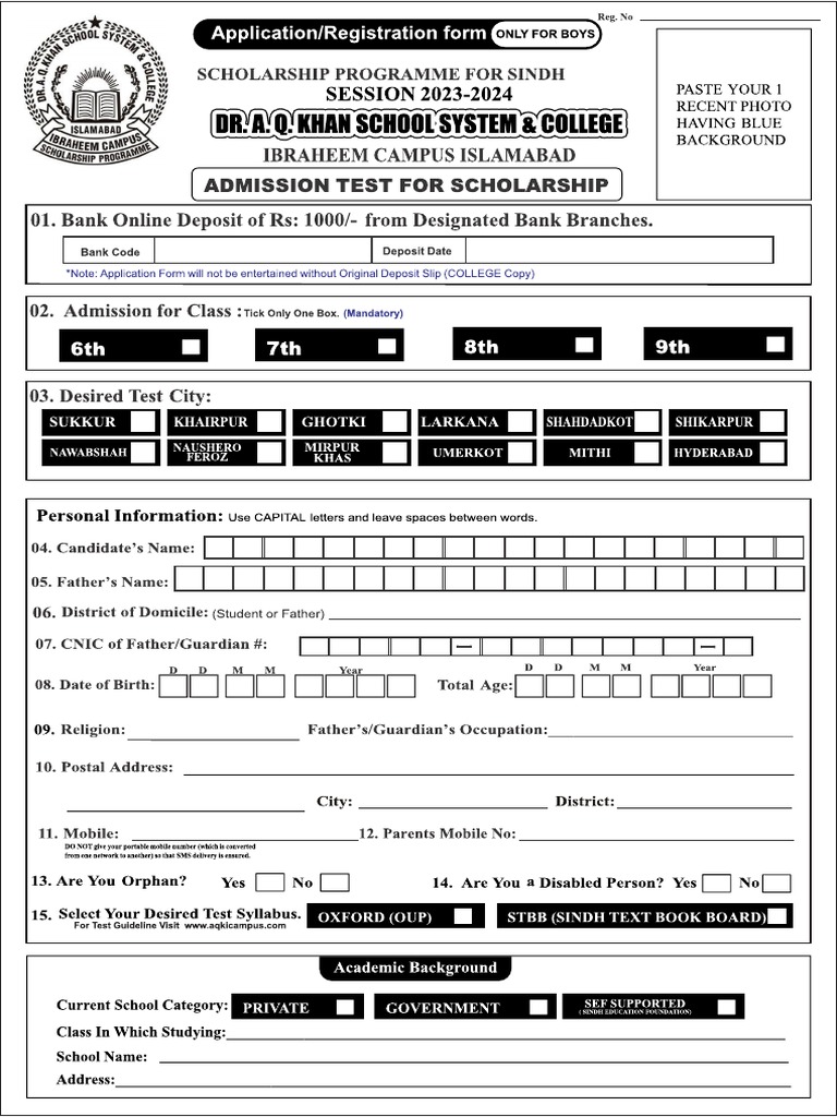 DR A Q Khan School System & College Admission Form and Challan | PDF