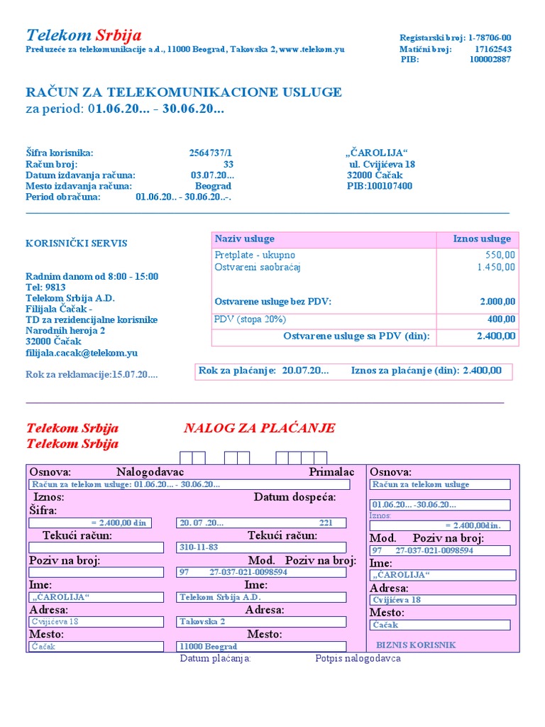 Racun Za PTT Usluge | PDF