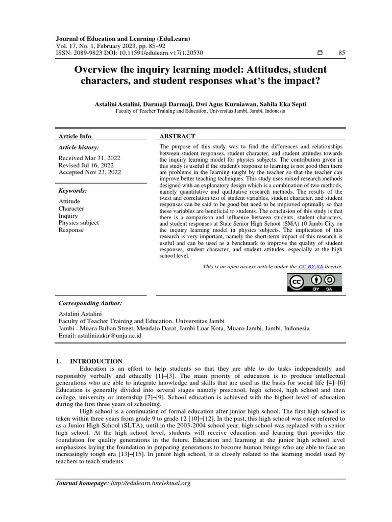 Overview The Inquiry Learning Model: Attitudes, Student Characters, and ...