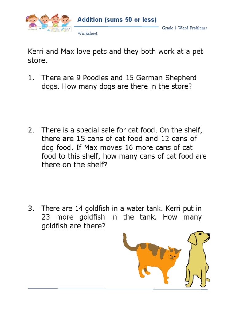 Grade 1 Addition Word Problem Worksheets - Sums Under 50-2 | PDF