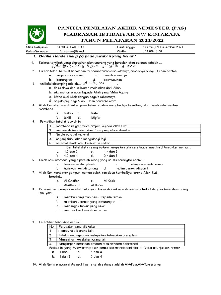 Soal Aqidah Ahlak Kelas 6a | PDF