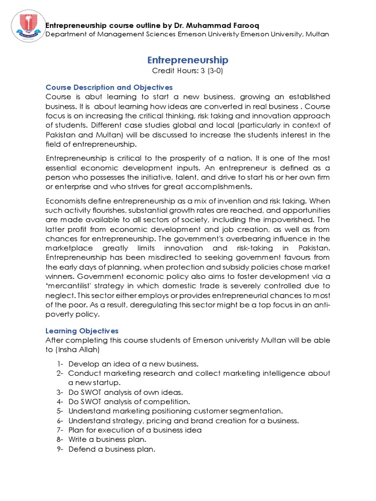 DR Muhammad Farooq Entreprenurship Course Outline | PDF ... DR Muhammad Farooq Entreprenurship Course Outline | PDF ...