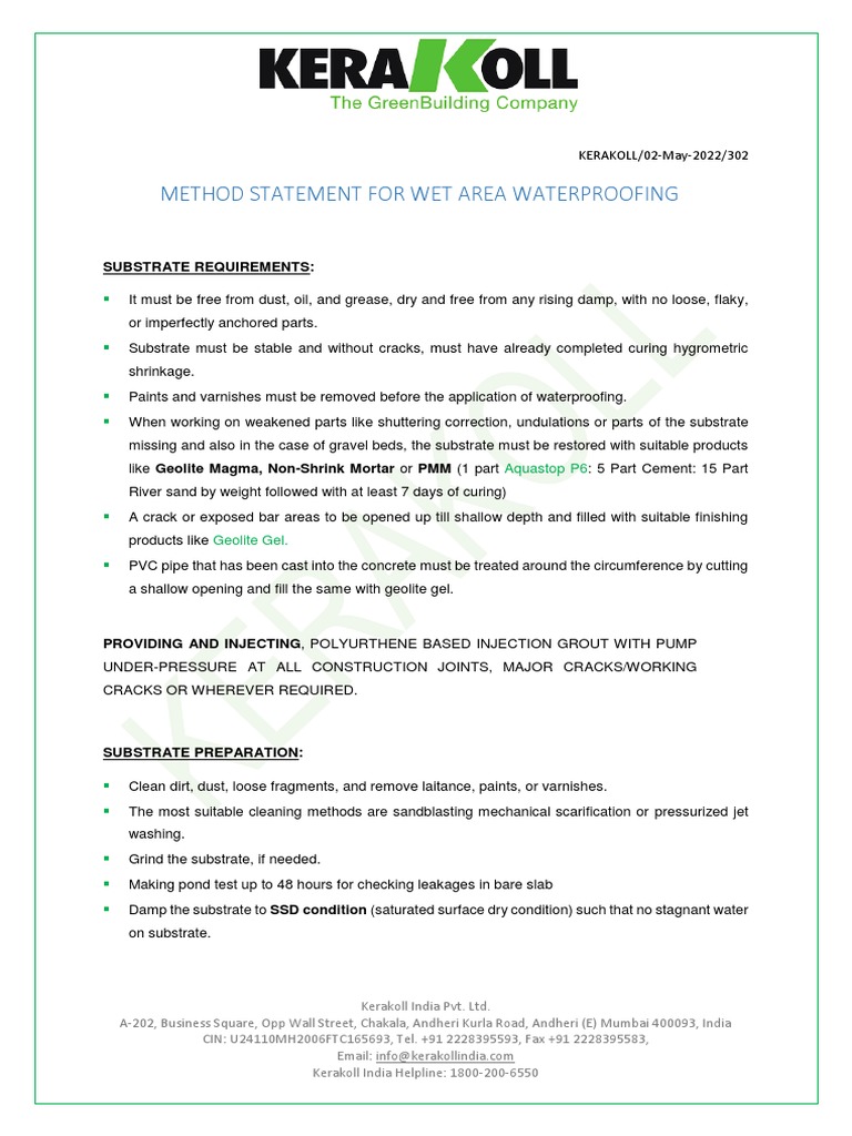 Wet Area Sunken - Method Statement | PDF | Concrete | Plaster