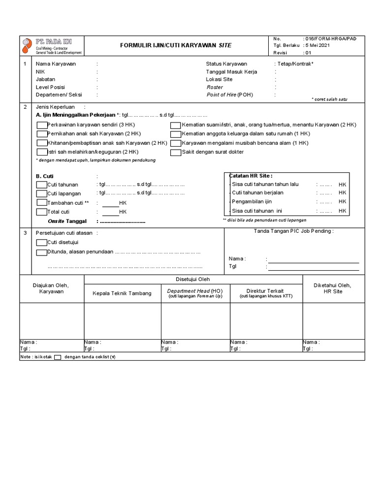 016-Formulir Ijin Cuti Lapangan Karyawan Site Rev.01 | PDF