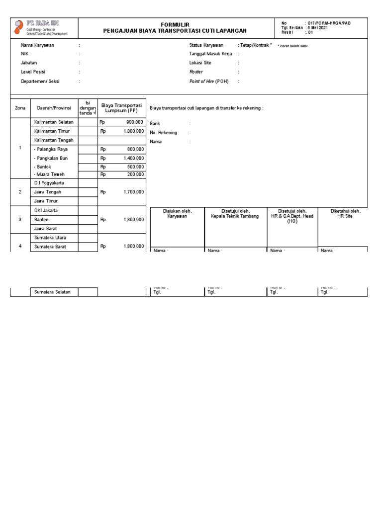 017-Formulir Pengajuan Biaya Transportasi Cuti Lapangan Rev.01 | PDF