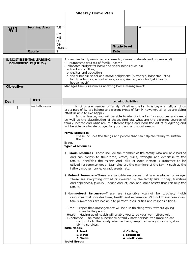TLE - HO ME EC ON Omics 6: Weekly Home Plan | PDF | Income | Salary