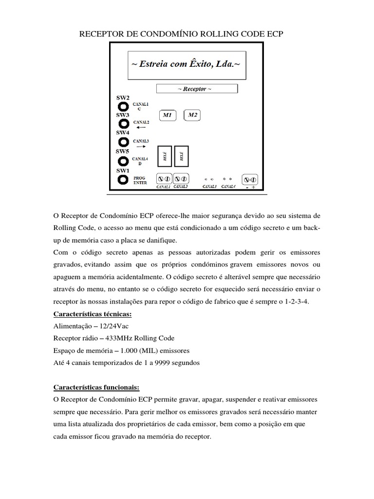 Receptor de Condomínio Rolling Code Ecp: Características Técnicas | PDF ...