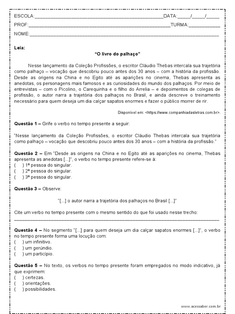 Atividade de Portugues Verbos No Tempo Presente 8o Ano Word | PDF