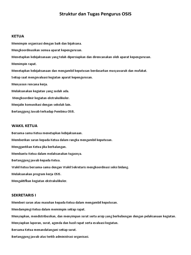 Struktur Dan Tugas Pengurus OSIS | PDF