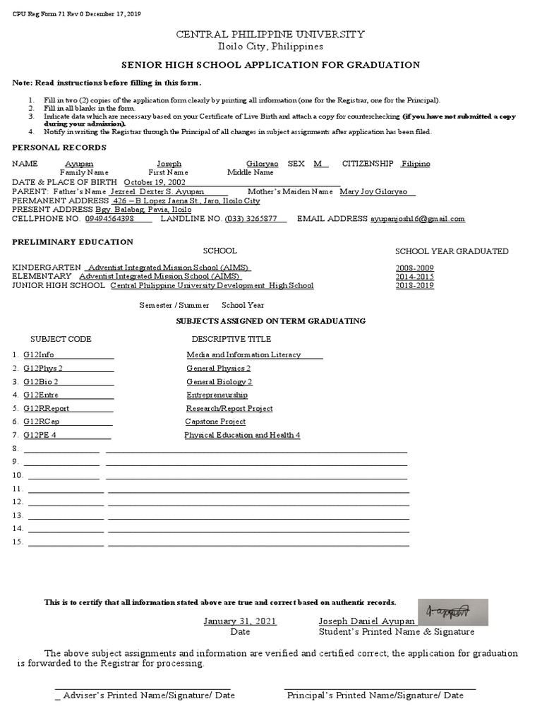 SHS Application For Graduation | PDF | Computing