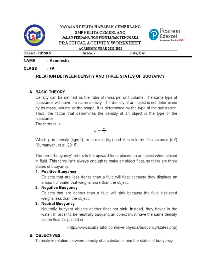 Physics - Practical Activity 2.1.1 (Density) | PDF | Buoyancy | Density