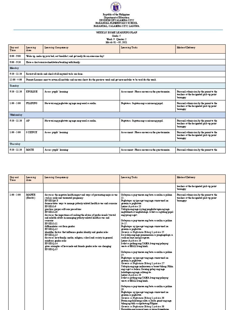 Grade 5 Weekly Home Learning Plan q2w9 Phillineonce | PDF