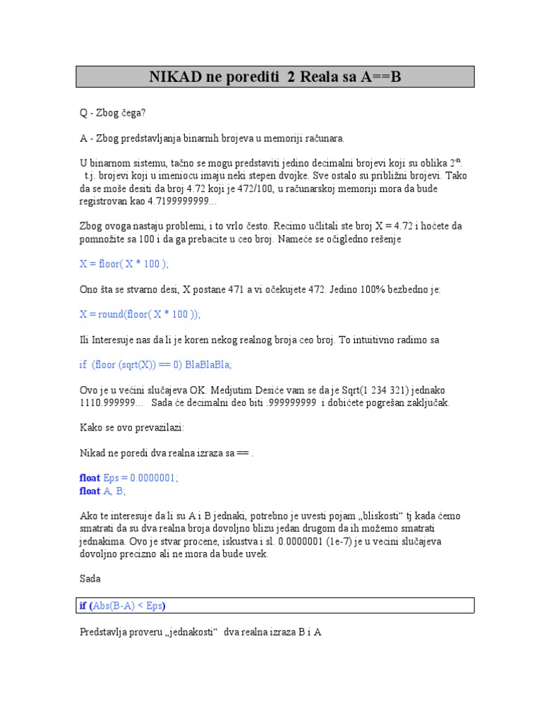 02 Poredjenje Realnih Brojeva CPP | PDF
