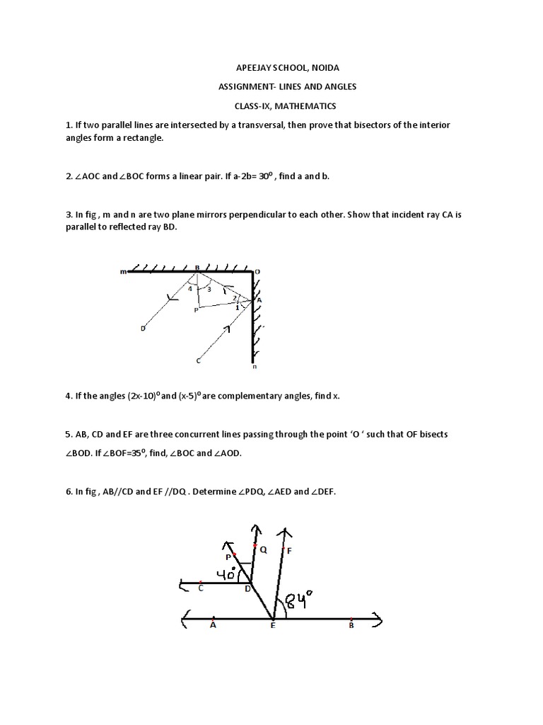 Assignment On Lines and Angles Class 9 Ncert | PDF