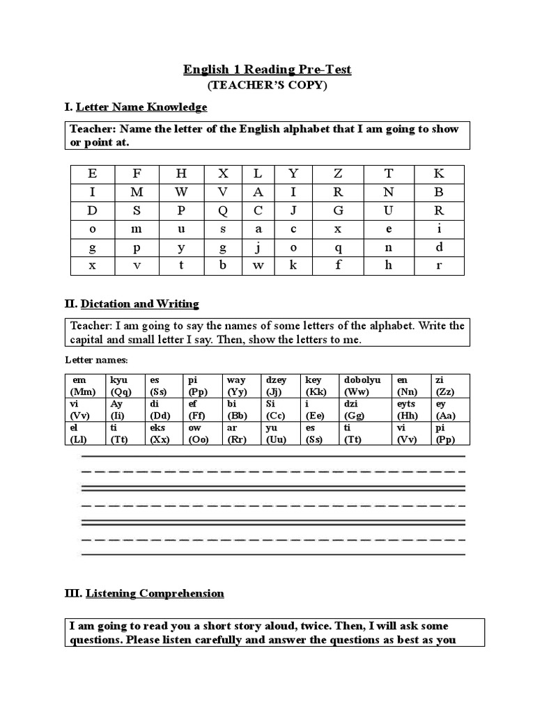 English Grade 1 EGRA Reading Pre Assessment Learners | PDF