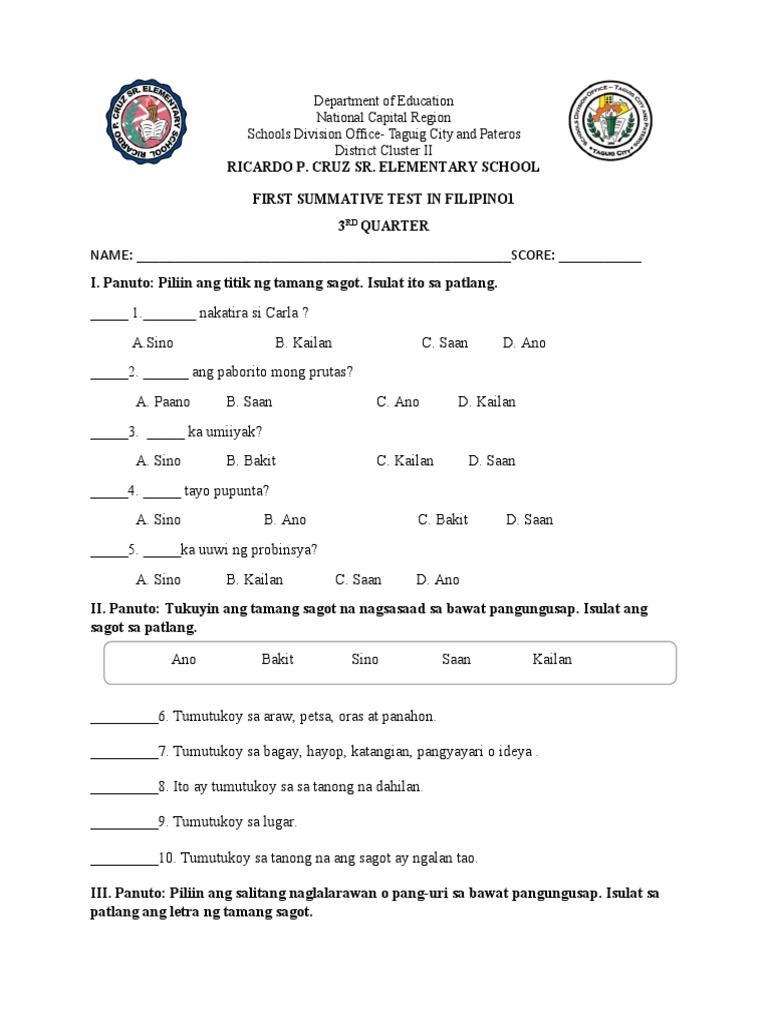 Q3 Filipino Summative-Test-1 | PDF