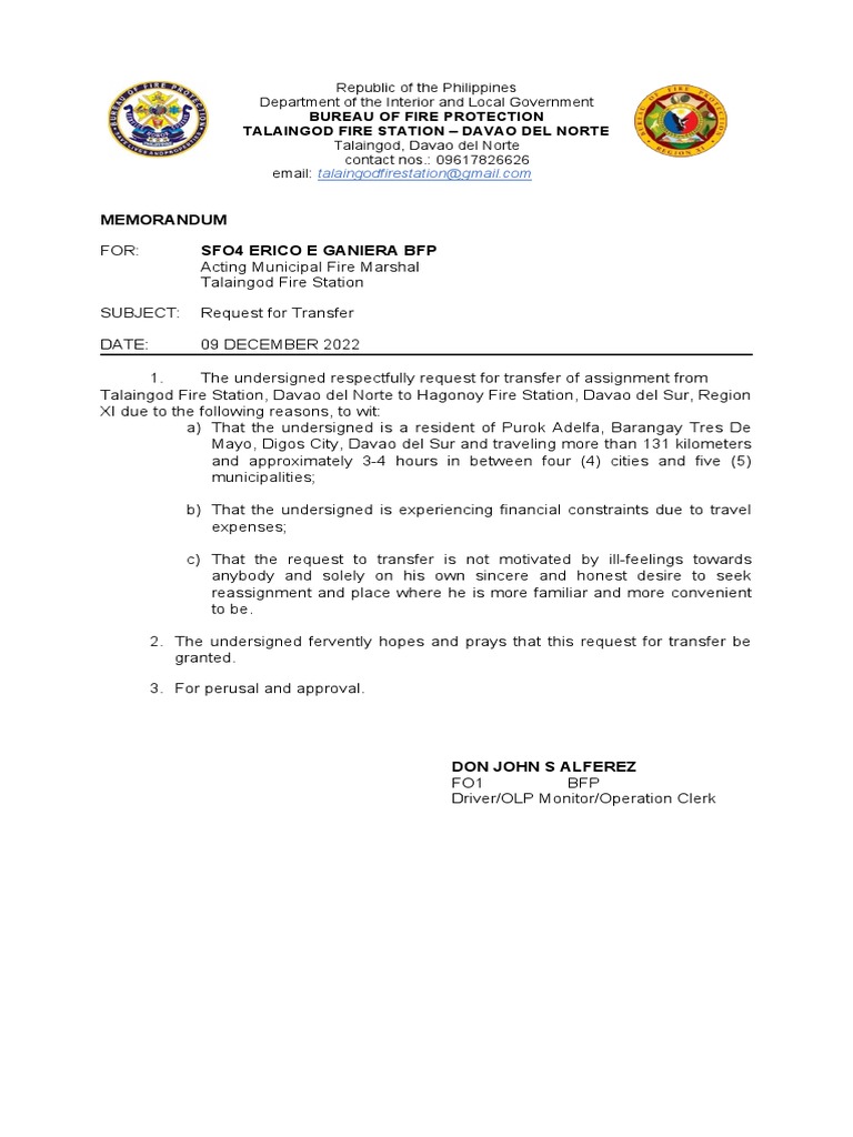 Request-for-Transfer-of-Assignment - DON JOHN | PDF | Government