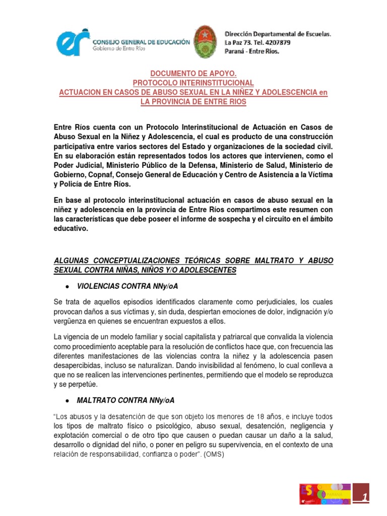 Documento de Apoyo Del Protocolo Abuso Sexual en La Niñez y Adolescencia Entre Rios - ESI Parana ...