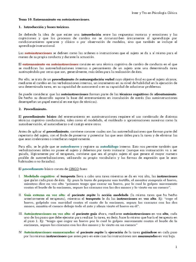 Tema 10. Entrenamiento en Autoinstrucciones. | PDF | Aprendizaje ...