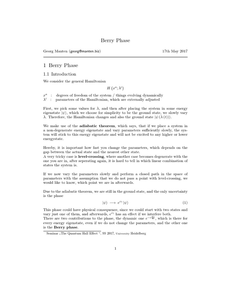 Berry Phase Explained | PDF | Hamiltonian (Quantum Mechanics) | Gauge ...