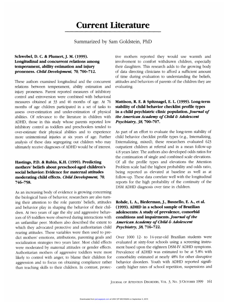 Goldstein, 1999: Current Literature On ADHD, 3rd Volume | PDF