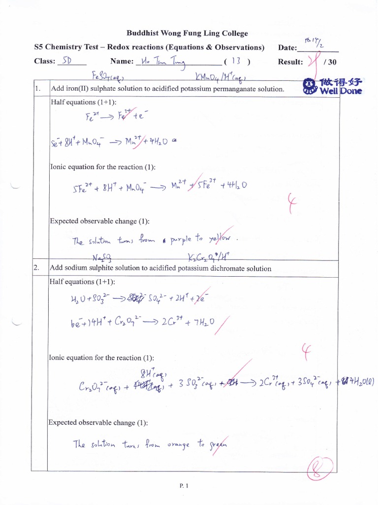 Redox Reactions (Quiz Ans) | PDF | Chemical Elements | Atoms