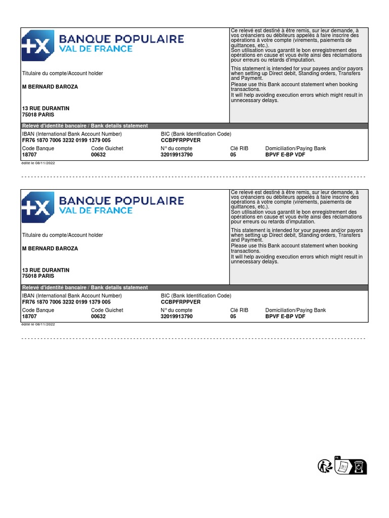 Relevé d'identité bancaire en français | PDF | Argent | Droit des affaires