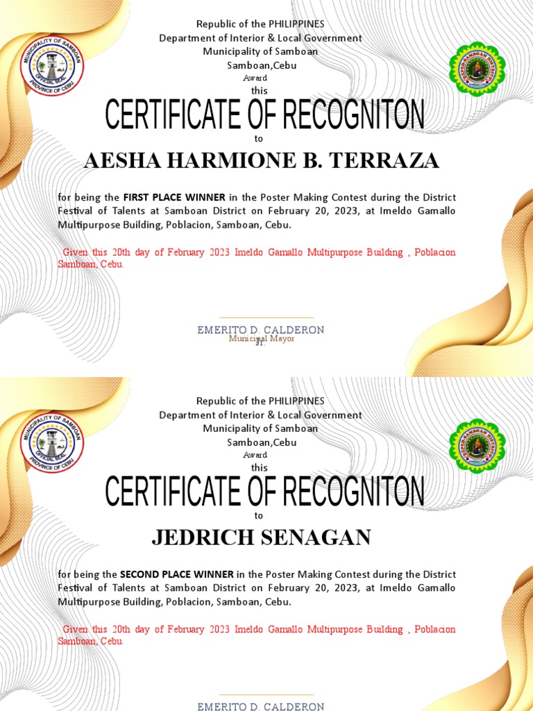 Certificates for District Talent Winners | PDF | Cebu | Philippines