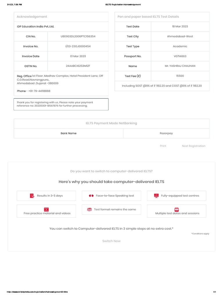 IELTS Registration Acknowledgement | PDF | International English ...
