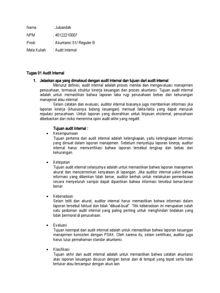 Jawaban Tugas 01 Audit Internal Jubaedah 40122210007 Akuntansi S1 Reg B | PDF