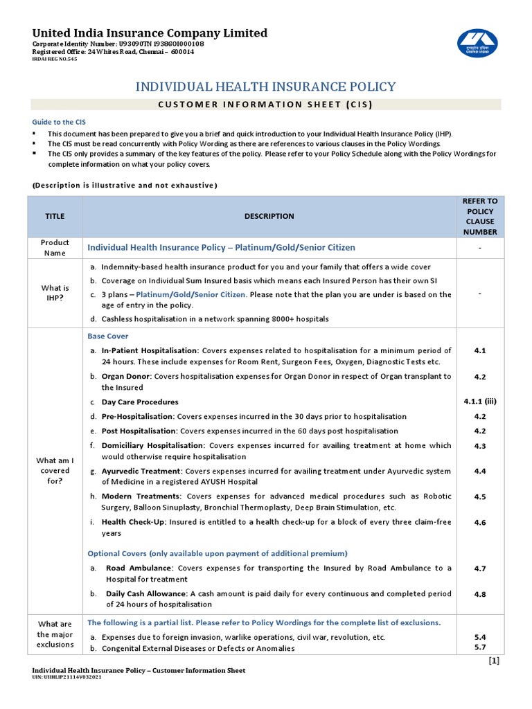 United India Individual Health Insurance Guide | PDF | Insurance | Hospital