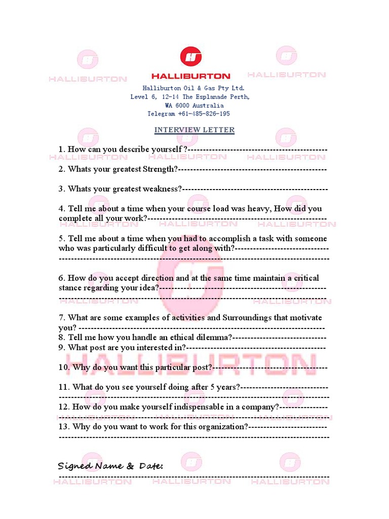 Halliburton Oil & Gas Pty LTD, Interview Letter | PDF