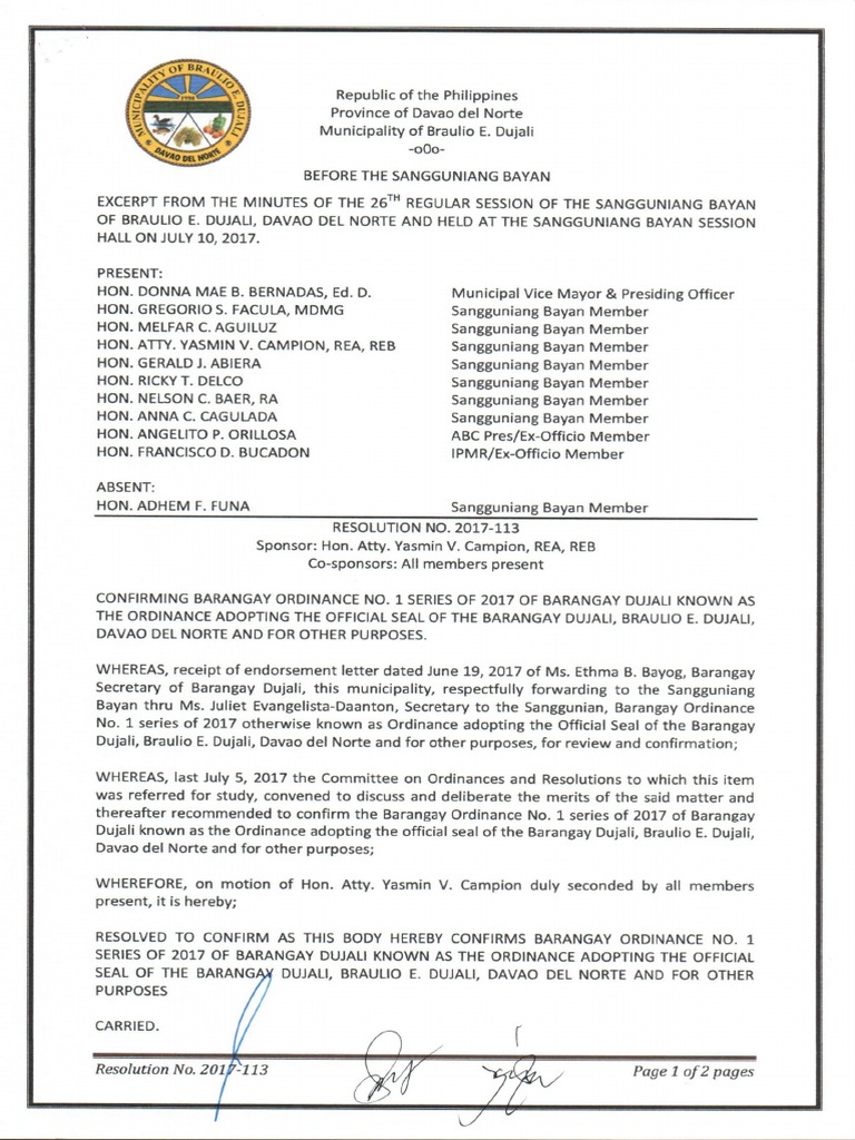 2017 113 Official Seal Brgy - Dujali | PDF