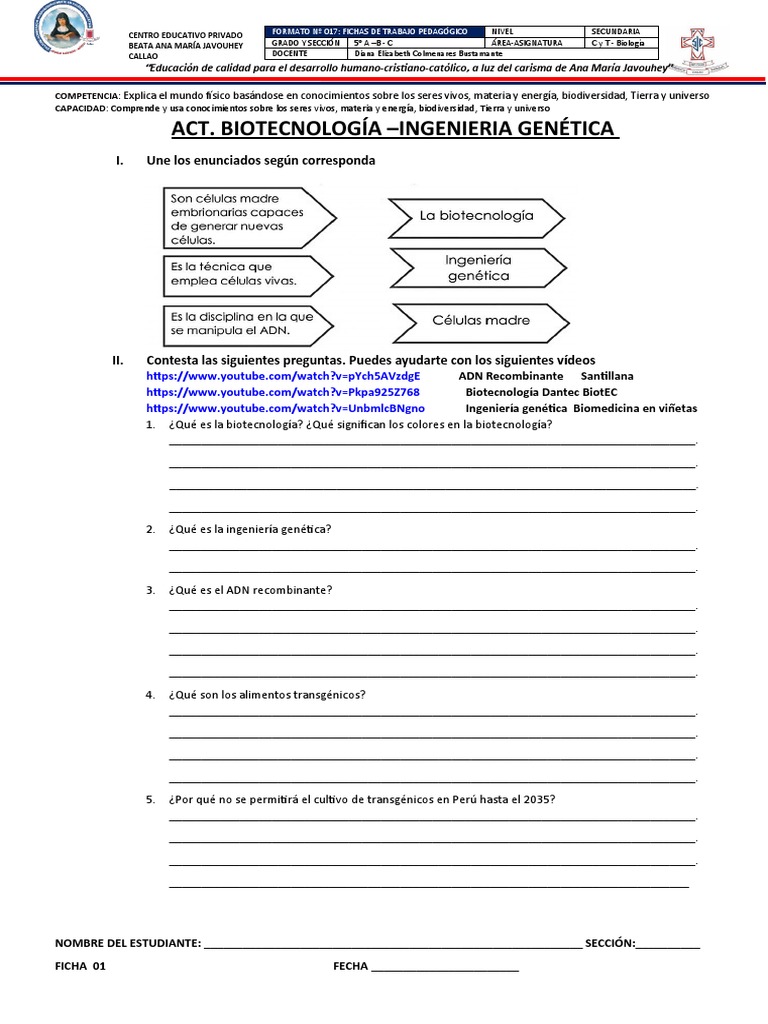2022 Amj Act Biotecnología - Ing Genética 5° Sec | PDF | Biología Molecular | Ciencias Naturales