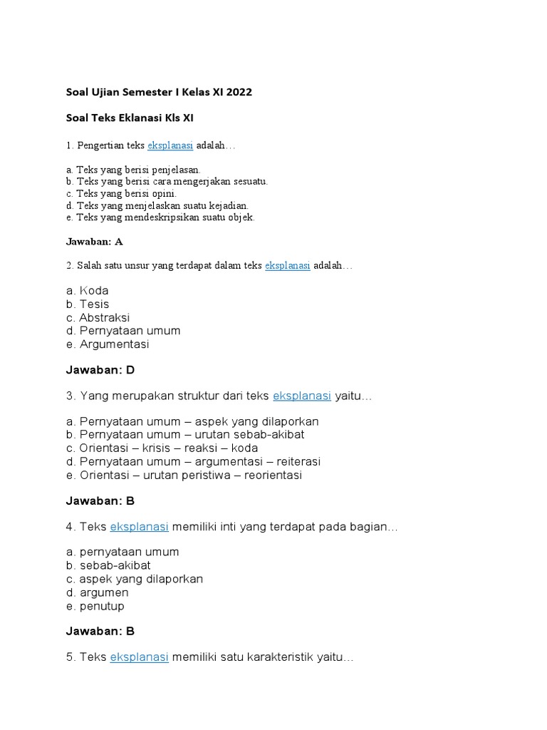 Kisi-Kisi Soal Ujian Semester I Kelas XI 2022 | PDF