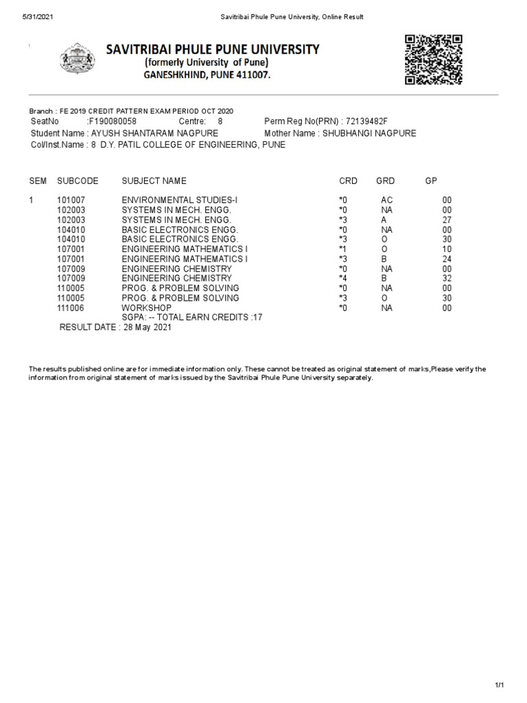 Savitribai Phule Pune University, Online Result | PDF | Science