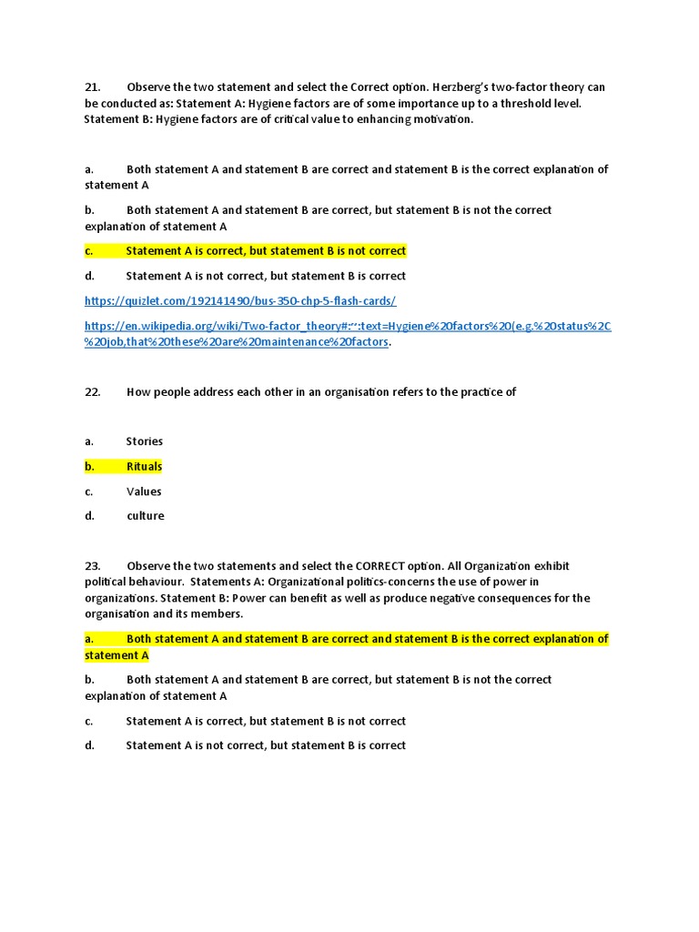 Analysis of Multiple Choice Questions Regarding Herzberg's Two-Factor Theory, Organizational ...