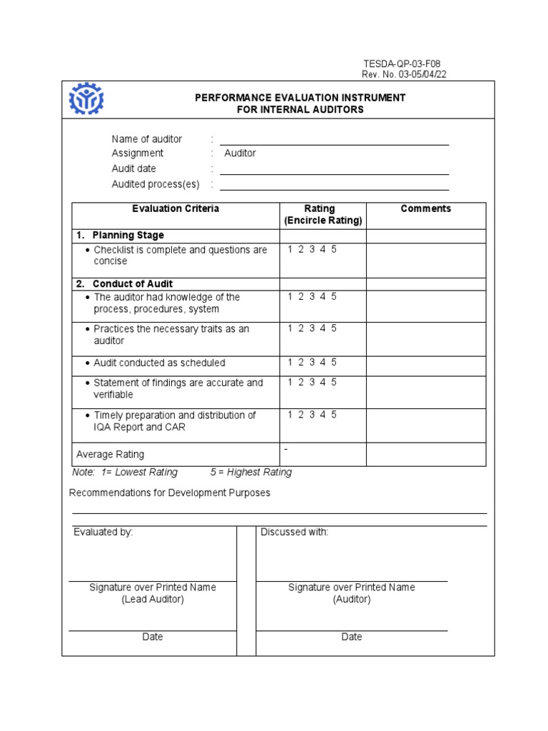 Internal Auditor Evaluation Form | PDF