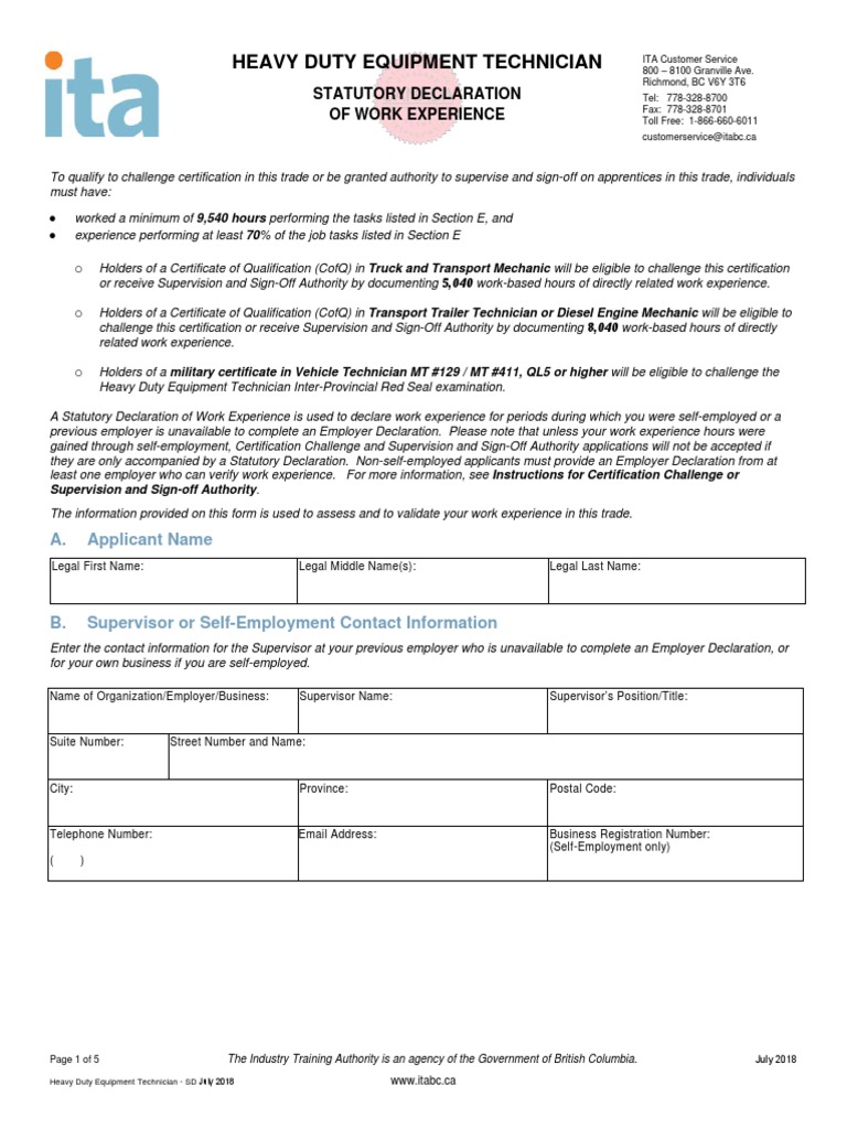Heavy Duty Equipment Technician Declaration | PDF
