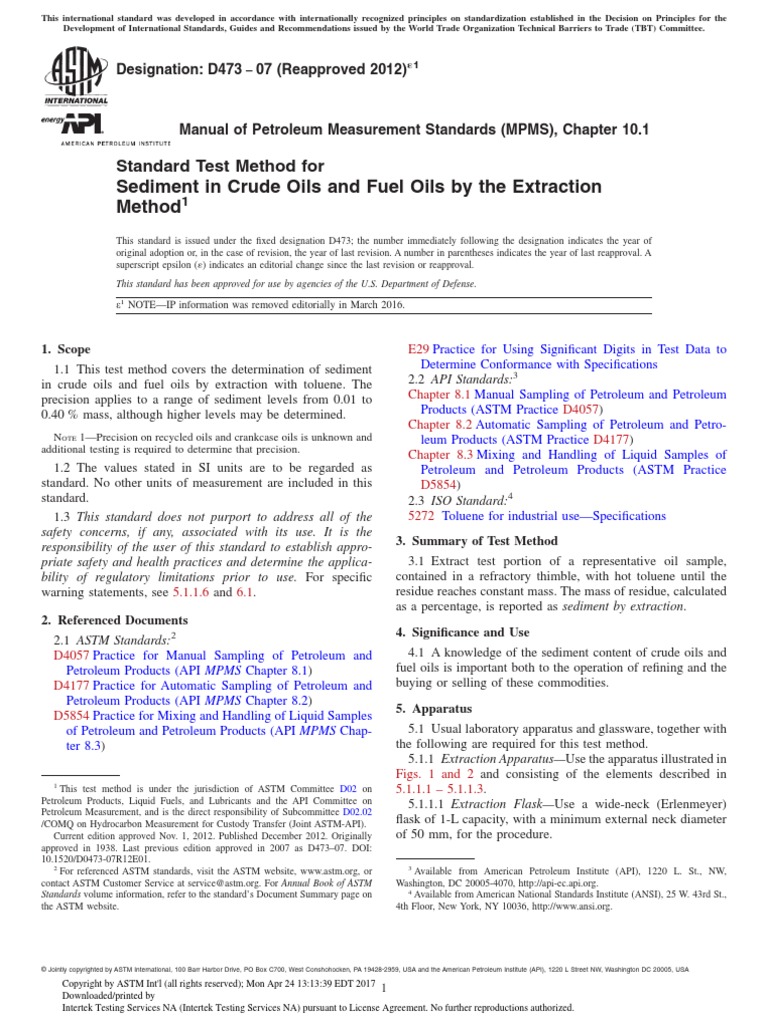 Sediment in Crude Oils and Fuel Oils by The Extraction Method | PDF ...