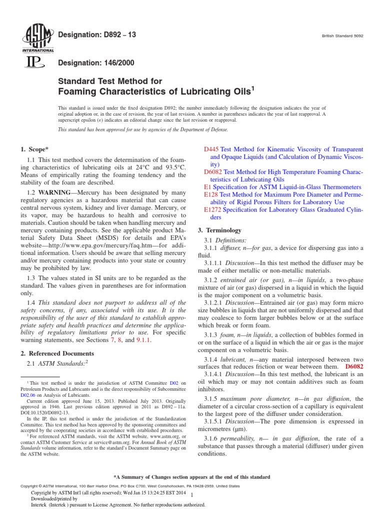 Foaming Characteristics of Lubricating Oils: Standard Test Method For ...