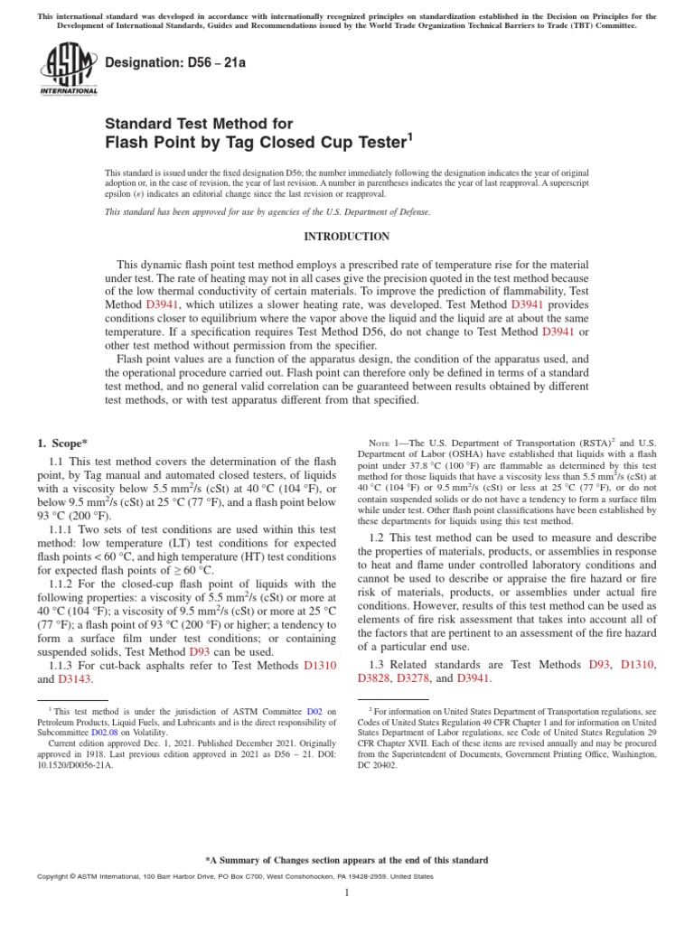 Flash Point by Tag Closed Cup Tester: Standard Test Method For | PDF ...