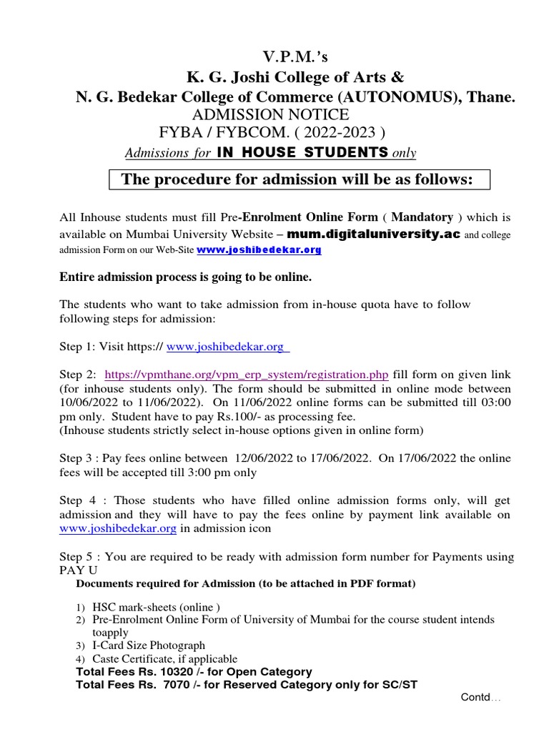 Fyba Bcom Inhouse Admission Notice 2022-23 | PDF | Educational Stages