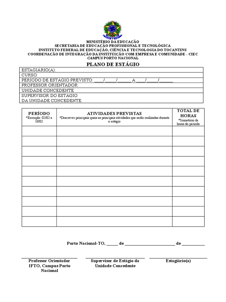 Plano de estágio IFTO Campus Porto Nacional | PDF