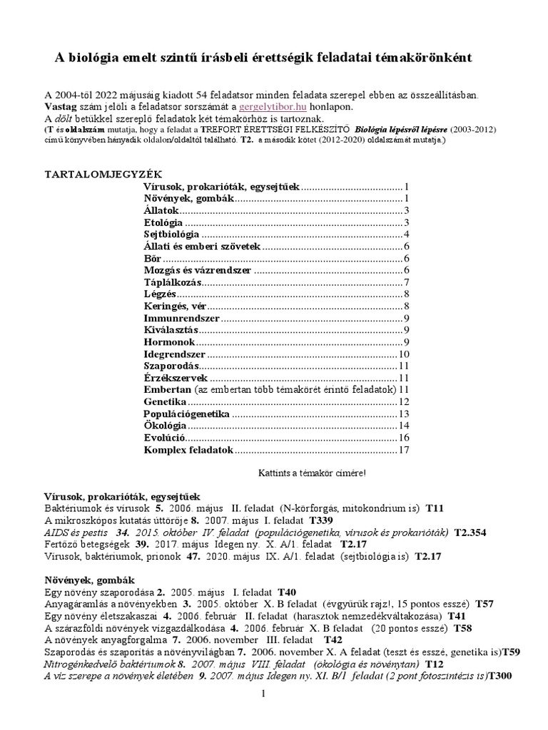 Emelt Biológia Témakörönként | PDF