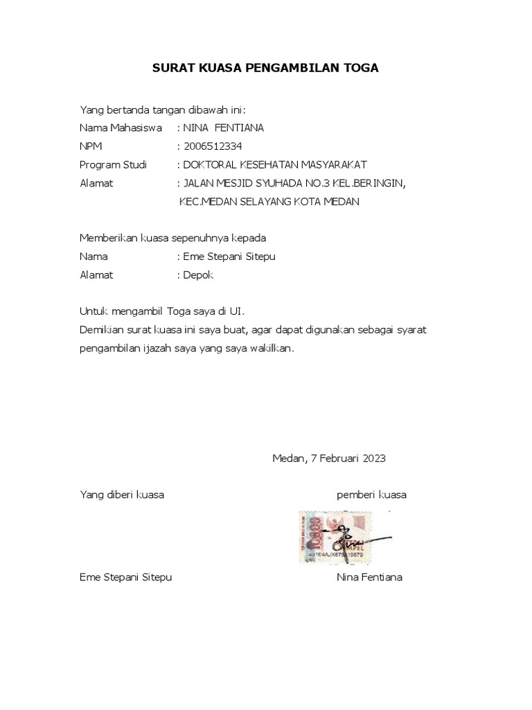 Surat Kuasa Pengambilan Toga UI | PDF | Karier & Perkembangan