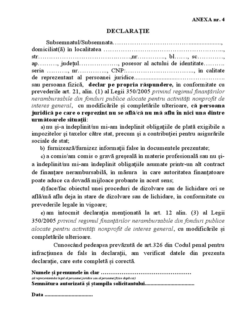 Anexa 4-Declaratie Conform Prevederilor Art. 21 Al Legii 350-2005 | PDF
