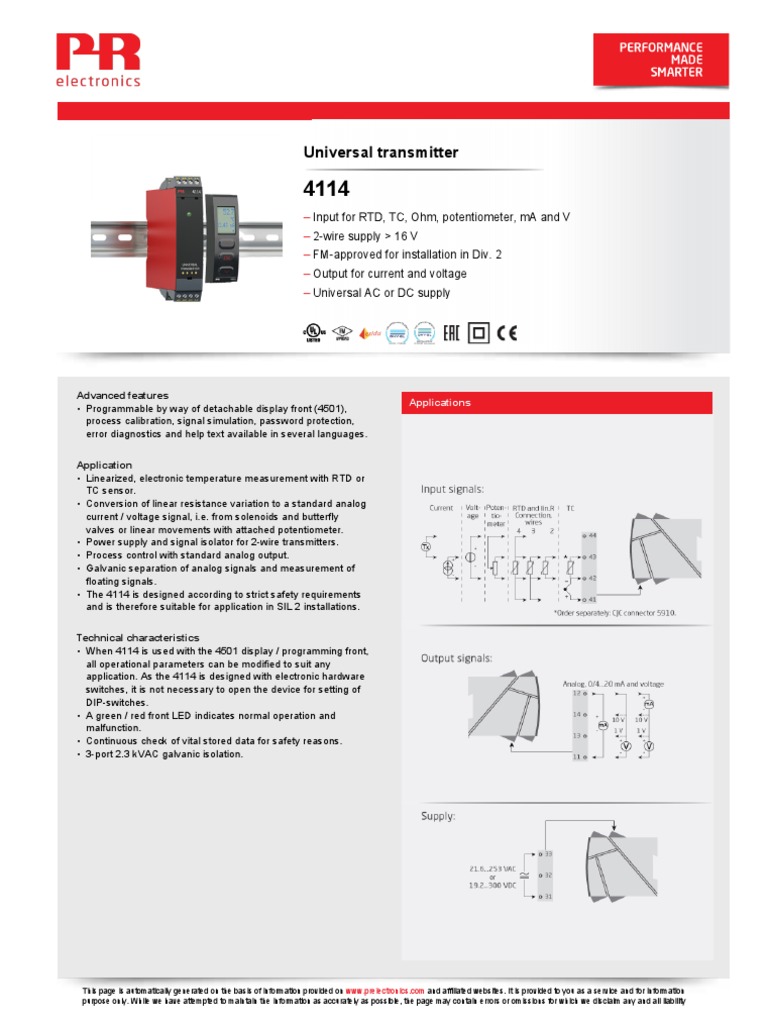 4114 Universal Transmitter Data Sheet | PDF | Power Supply ...